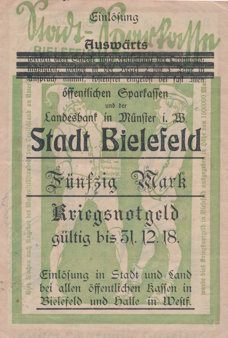 Bielefeld 50 Mark 1918 Inflations Großbanknoten Scheck, Stempel | MA-Shops