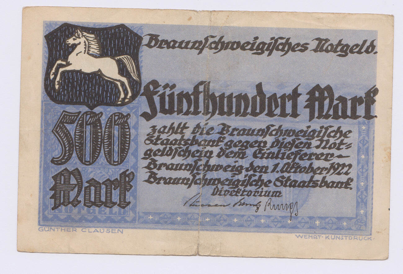 Deutschland 1922 DE 500 Notgeld Braunschweigisches Notgeld, 500 Mark ...