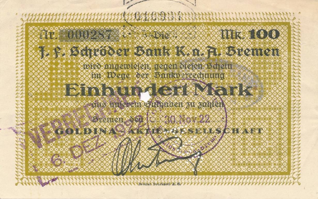 100 Mark 1922 Bremen Francke Werke - Perforation | MA-Shops