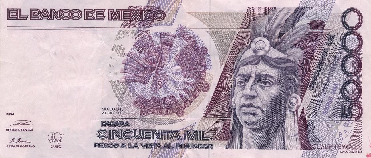 Mexiko 50000 Pesos 1990 Geldschein Banknote Cincuenta Mil Mexico EF