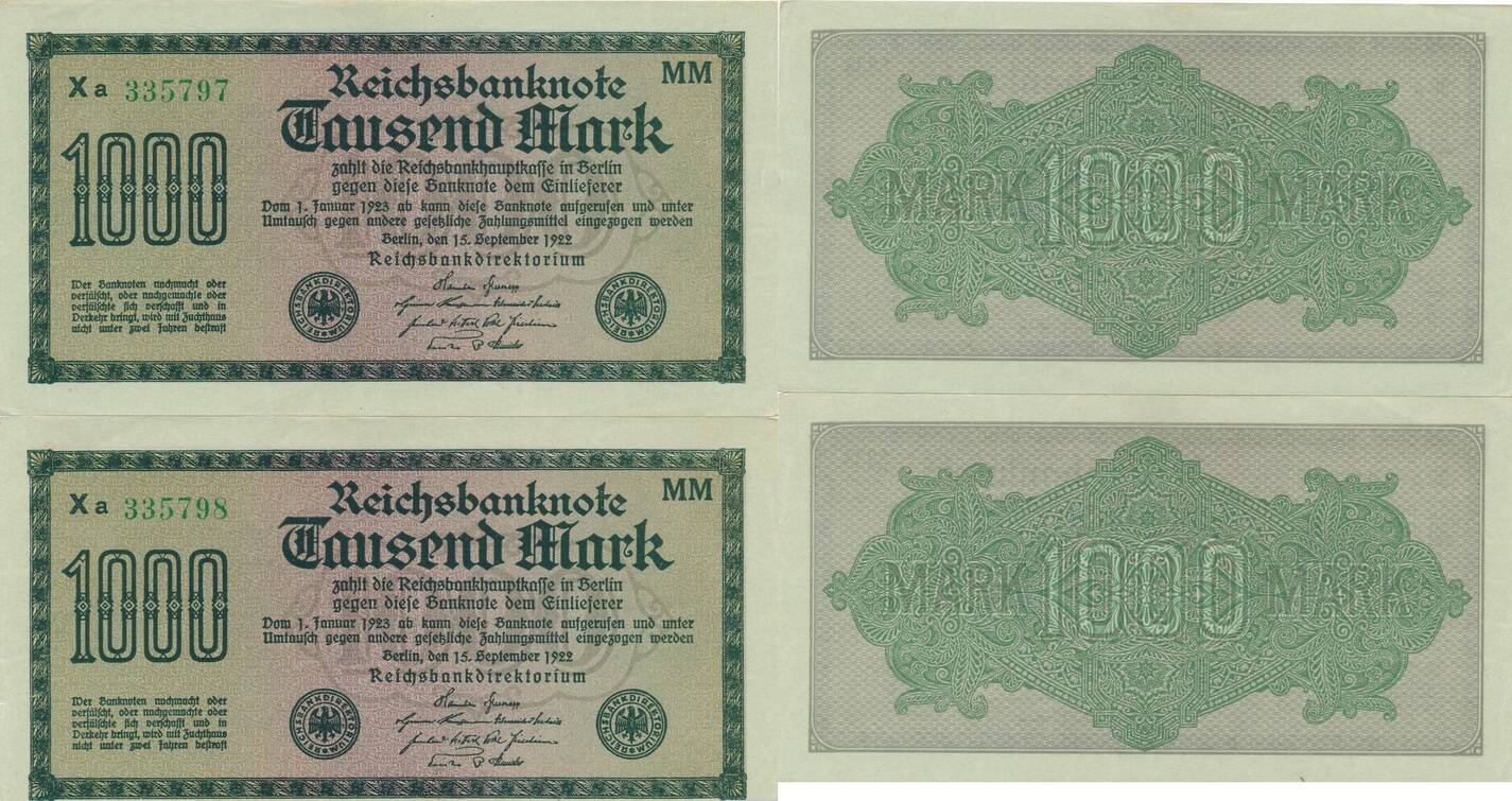 Deutsches Reich Deutschland, Weimarer Republik 2x 1000 Mark ...