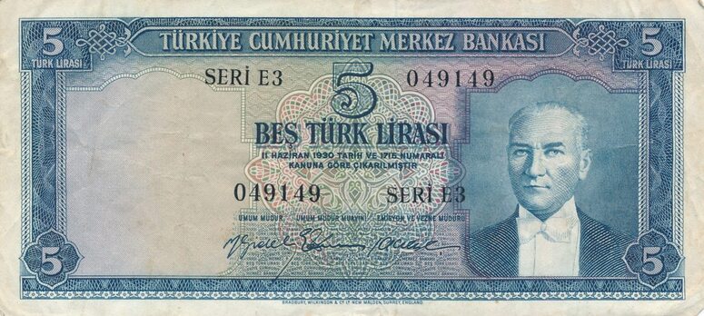 Türkei 5 Lira 1959 (1930) Banknote Bes Türk Lirasi Türkiye Cumhuriyeti Atatürk Serie E F-VF | MA ...