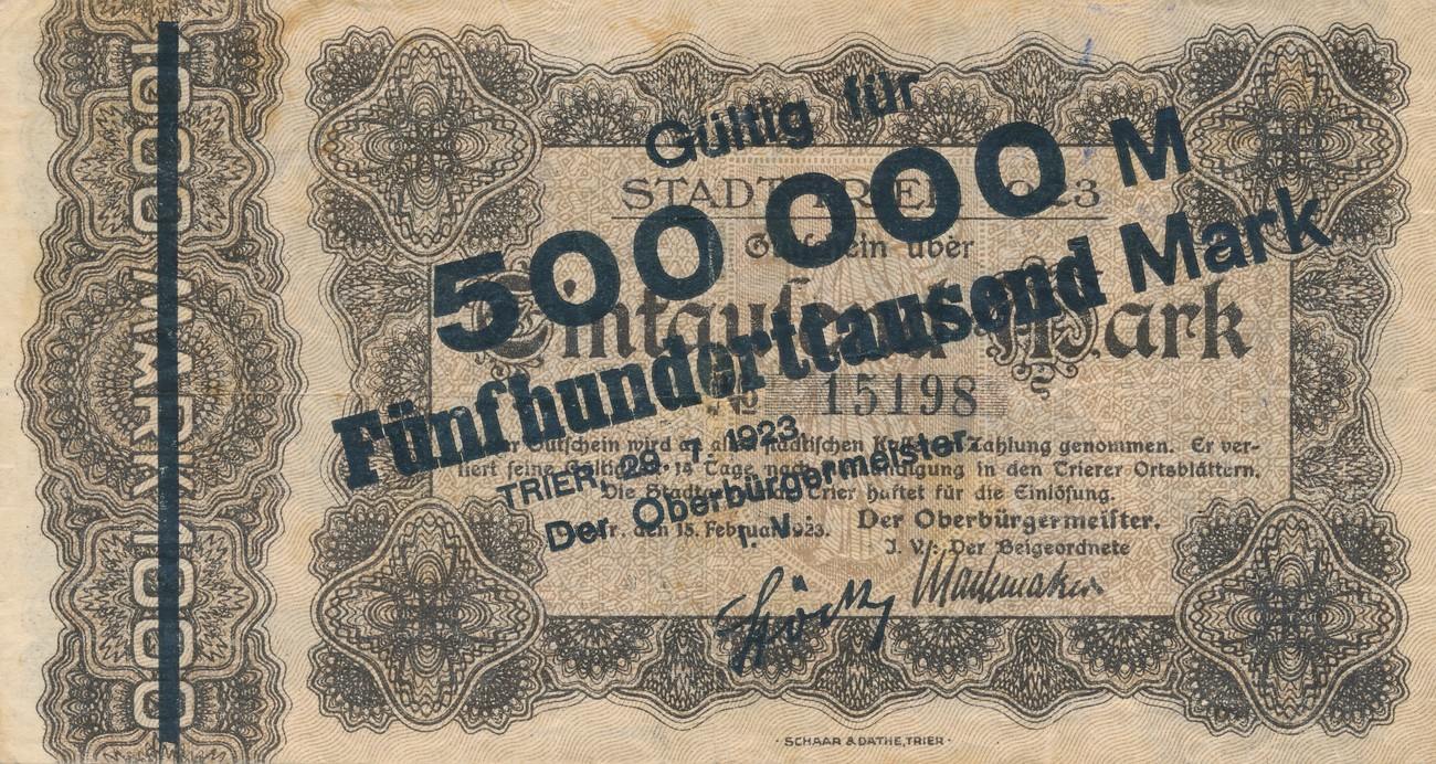 Trier 500 Tausend Mark 1923 Überdruck auf Tausend Mark Banknote | MA-Shops