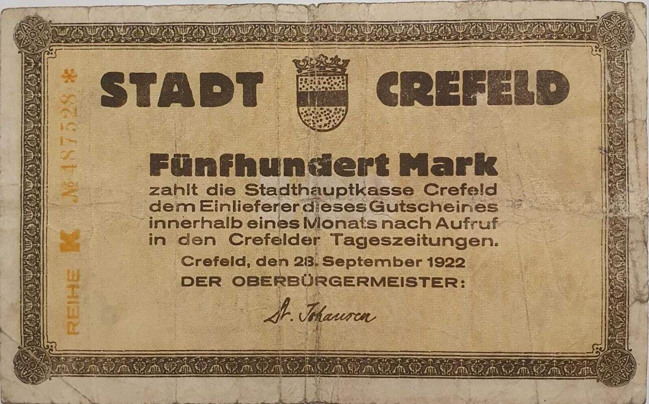 Deutschland, Deutsches Reich 500 Mark 1922 Großnotgeld, Crefeld ...