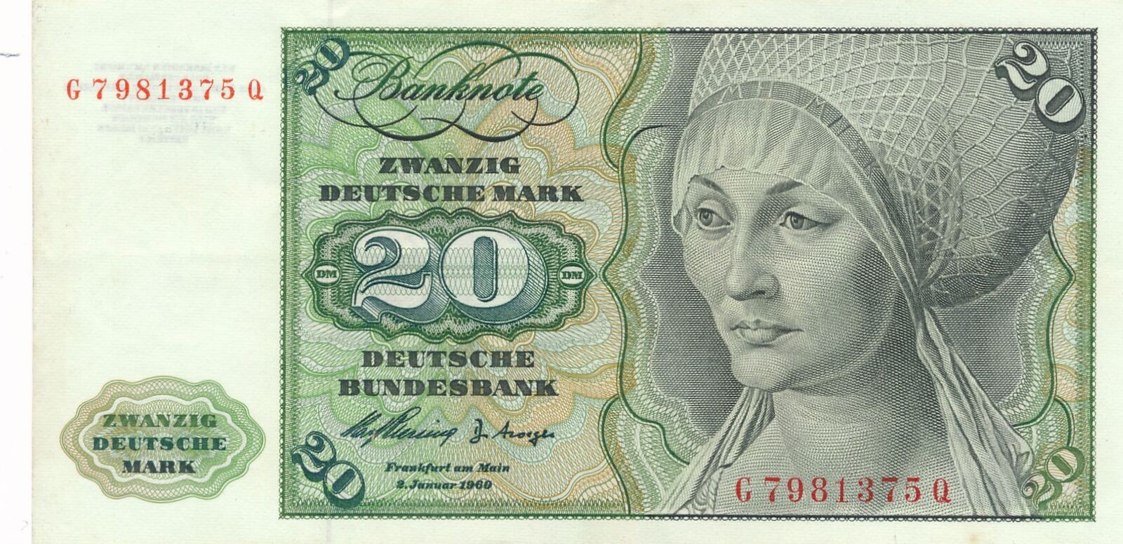 Deutschland BRD 20 Deutsche Mark 1960 Bundesbanknote G/Q EF | MA-Shops