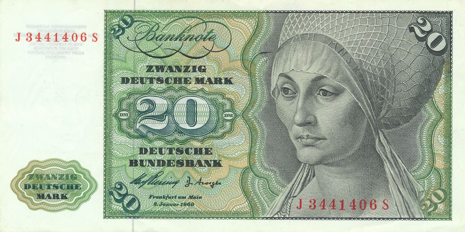 Deutschland BRD 20 Deutsche Mark 1960 Bundesbanknote J/S unc- | MA-Shops