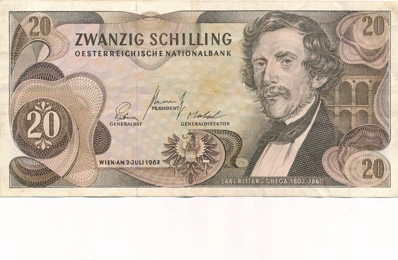 Österreich 20 Schilling 1967 Banknote, Carl Ritter v. Chega (1802-1840 ...