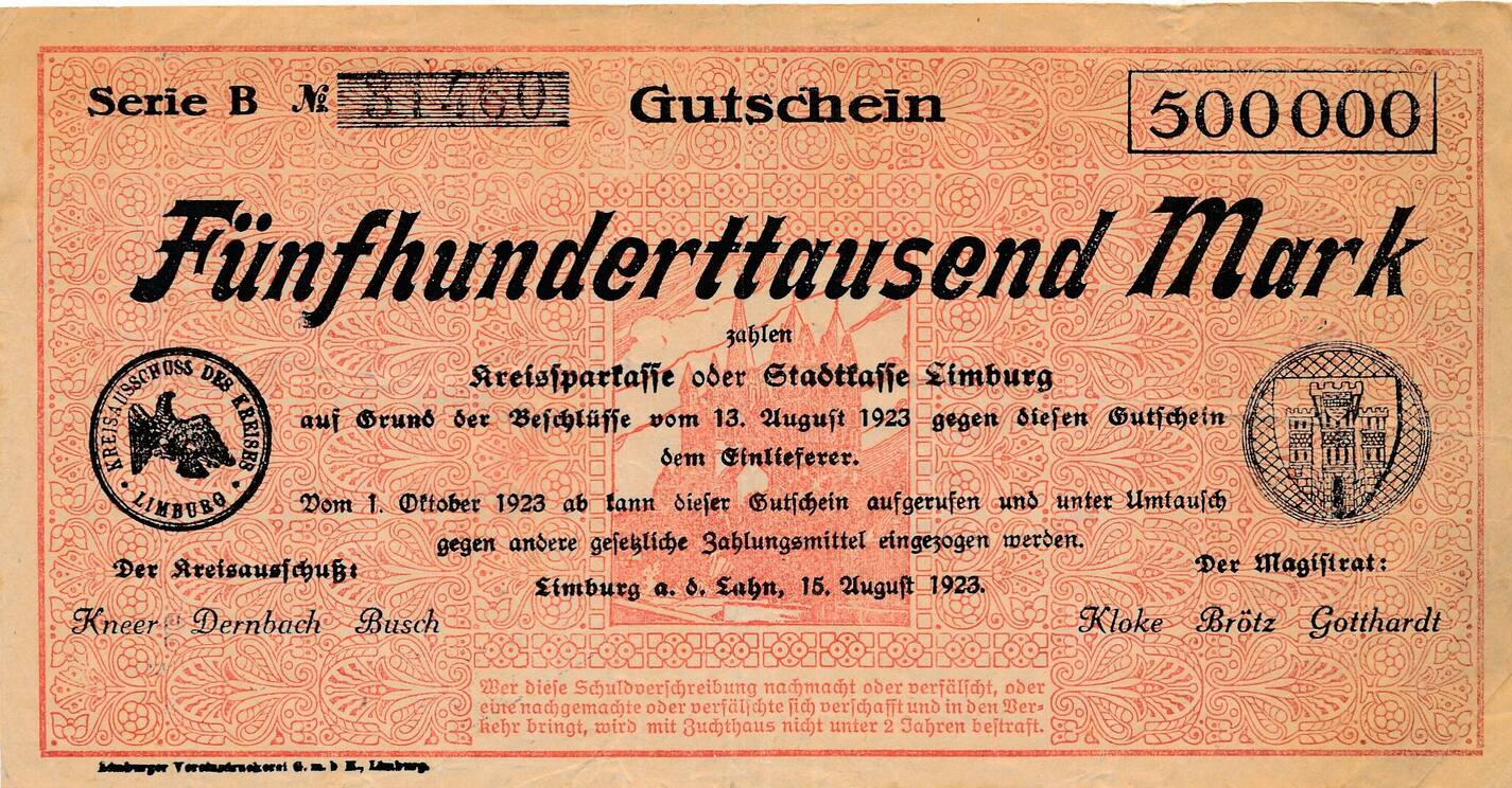 Deutsches Reich Deutschland 500 tausend Mark 1923 Notgeldschein Stadt ...