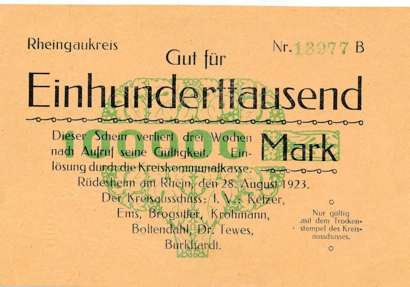 Deutsches Reich Deutschland 100 tausend Mark 1923 Notgeldschein ...