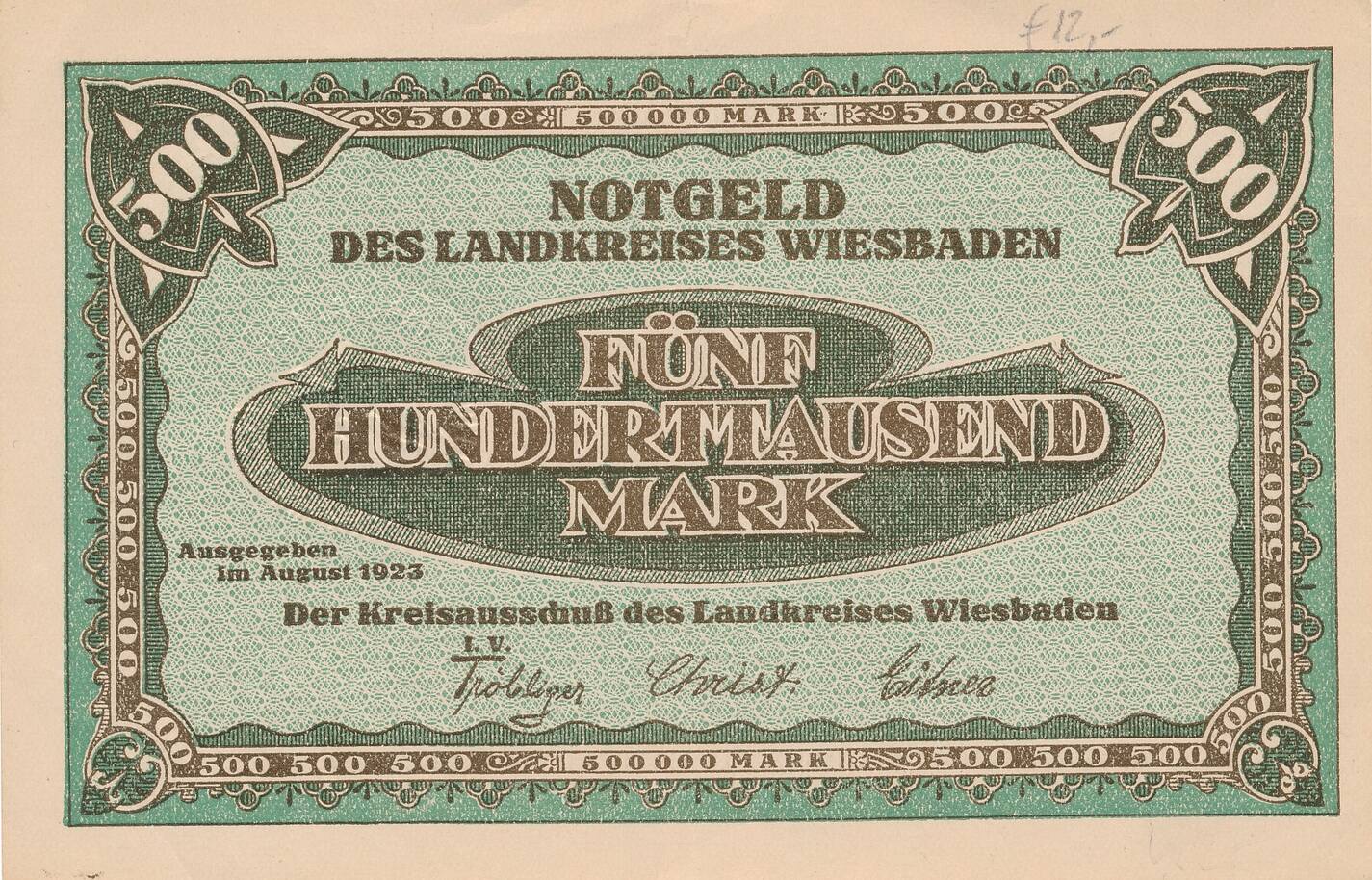 Deutsches Reich Deutschland 500 tausend Mark 1923 Großgeldschein, Stadt ...