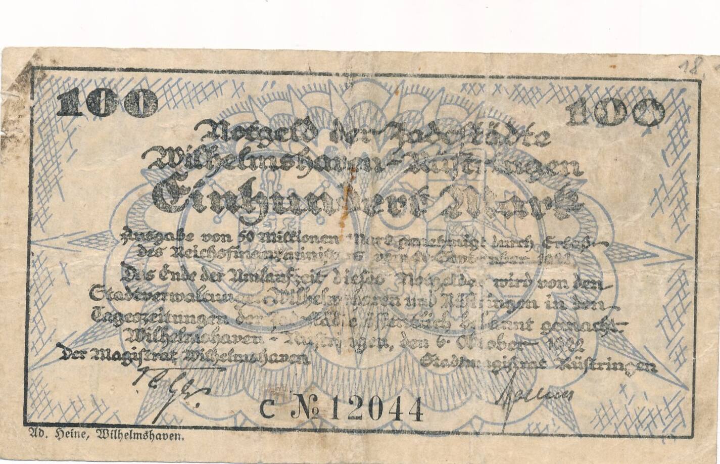 Deutsches Reich Deutschland 100 Mark 1922 Großgeldschein, Stadt ...