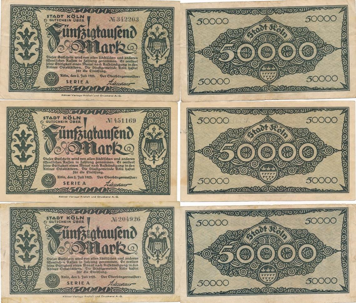 Köln 50 Tausend Mark 1923 Gutscheine 3 Stück Serie A | MA-Shops