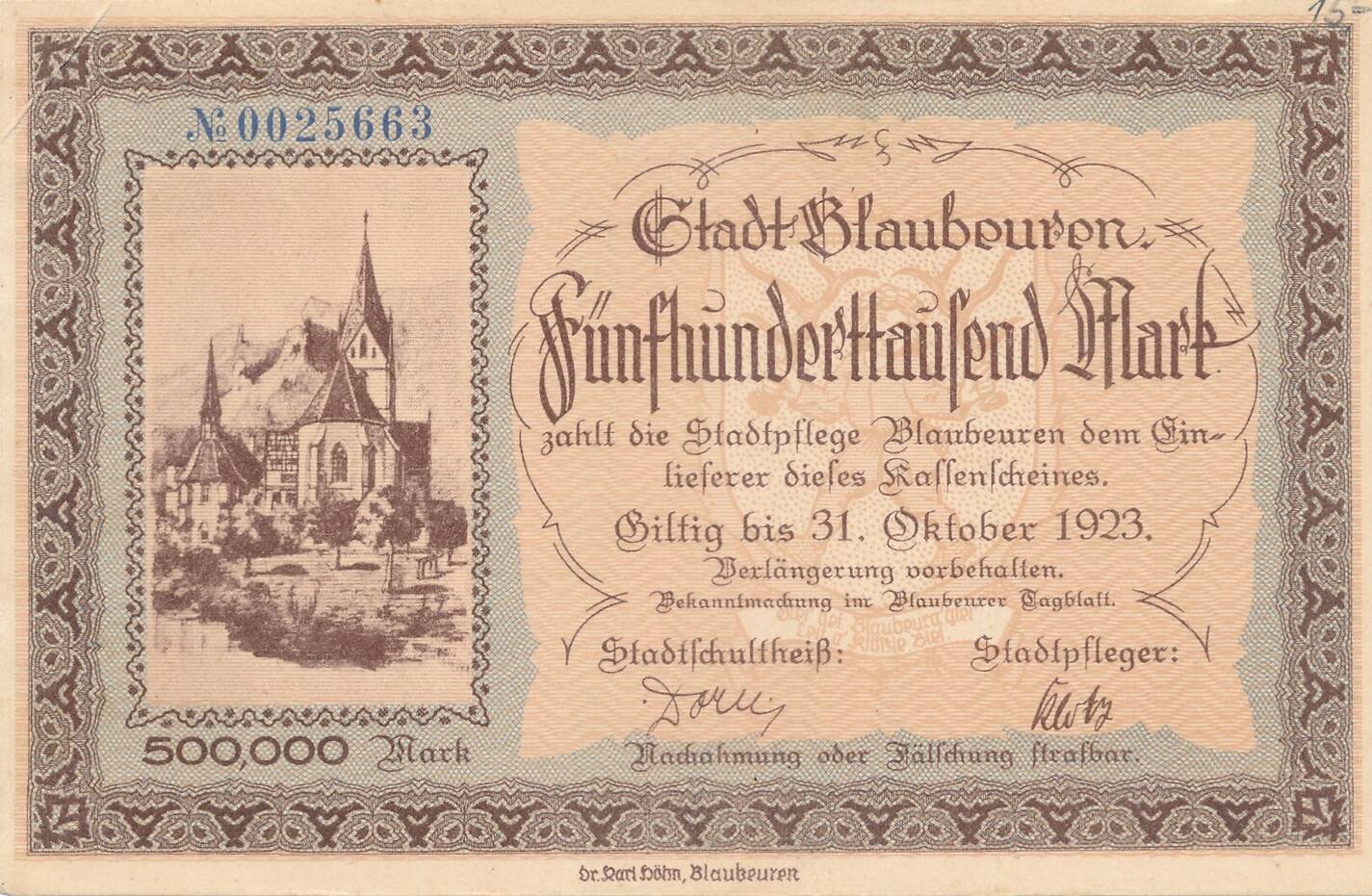 Deutsches Reich Deutschland 500 tausend Mark 1923 Notgeldschein Stadt ...