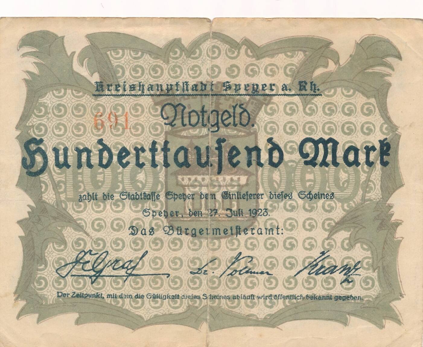 Deutsches Reich Deutschland Pfalz 100 tausend Mark 1923 Notgeldschein ...
