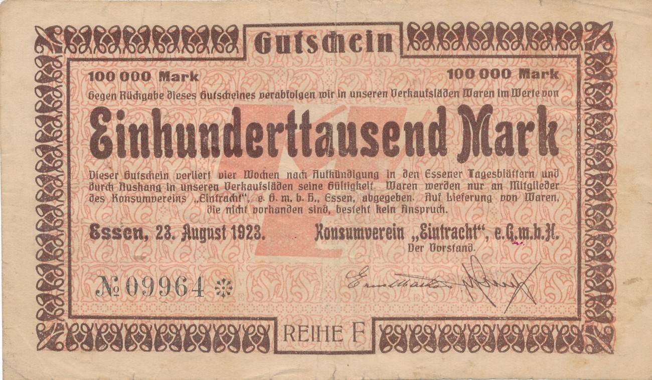 Essen 100 Tausend Mark 1923 Gutschein des Konsumverein Eintracht | MA-Shops
