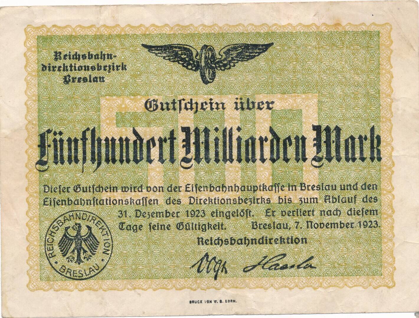Deutsches Reich Deutschland Deutsche Reichsbahn 500 Milliarden Mark ...
