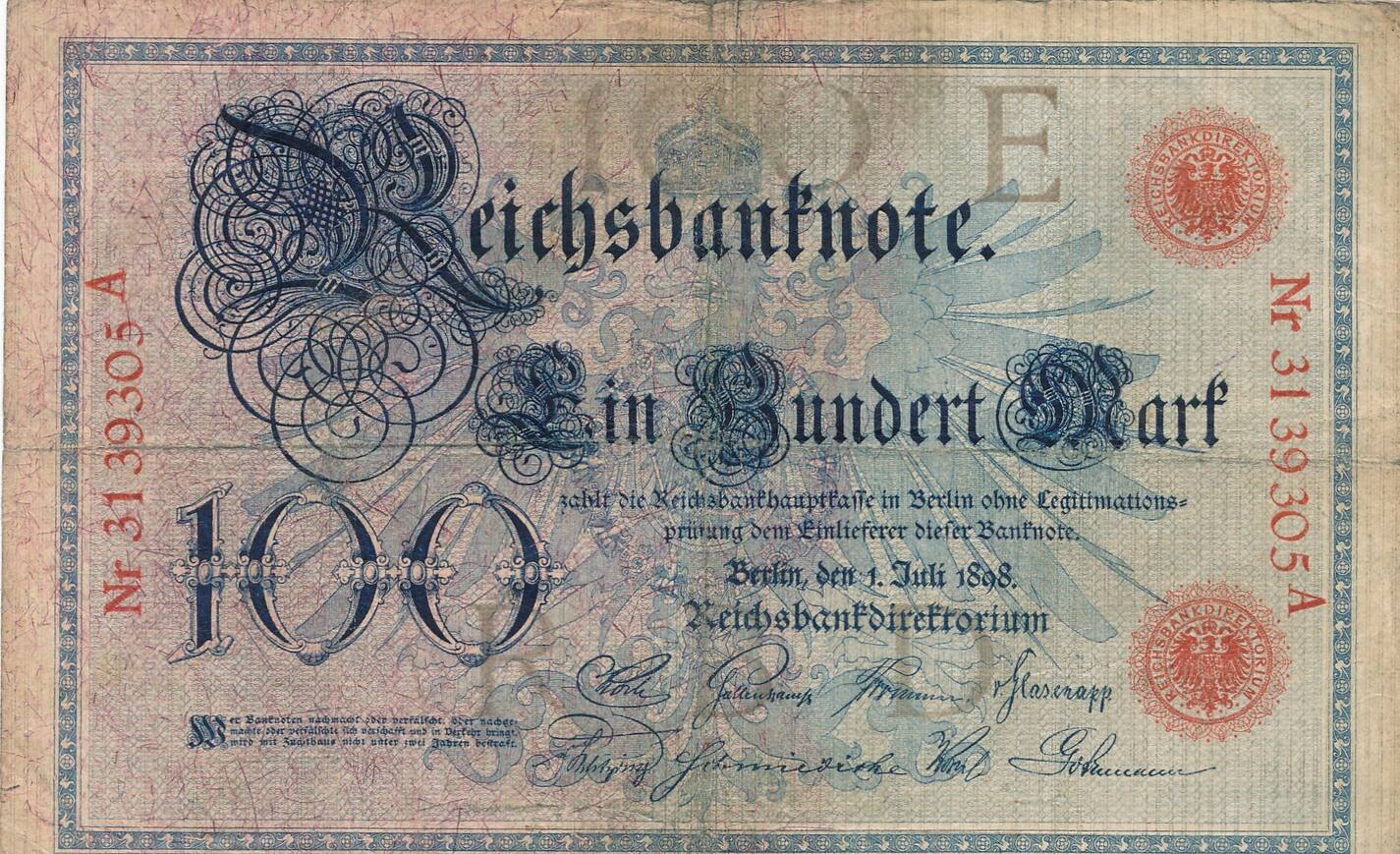 Kaiserreich Deutsches Reich Deutschland Reichsbank 100 Reichsmark Mark ...