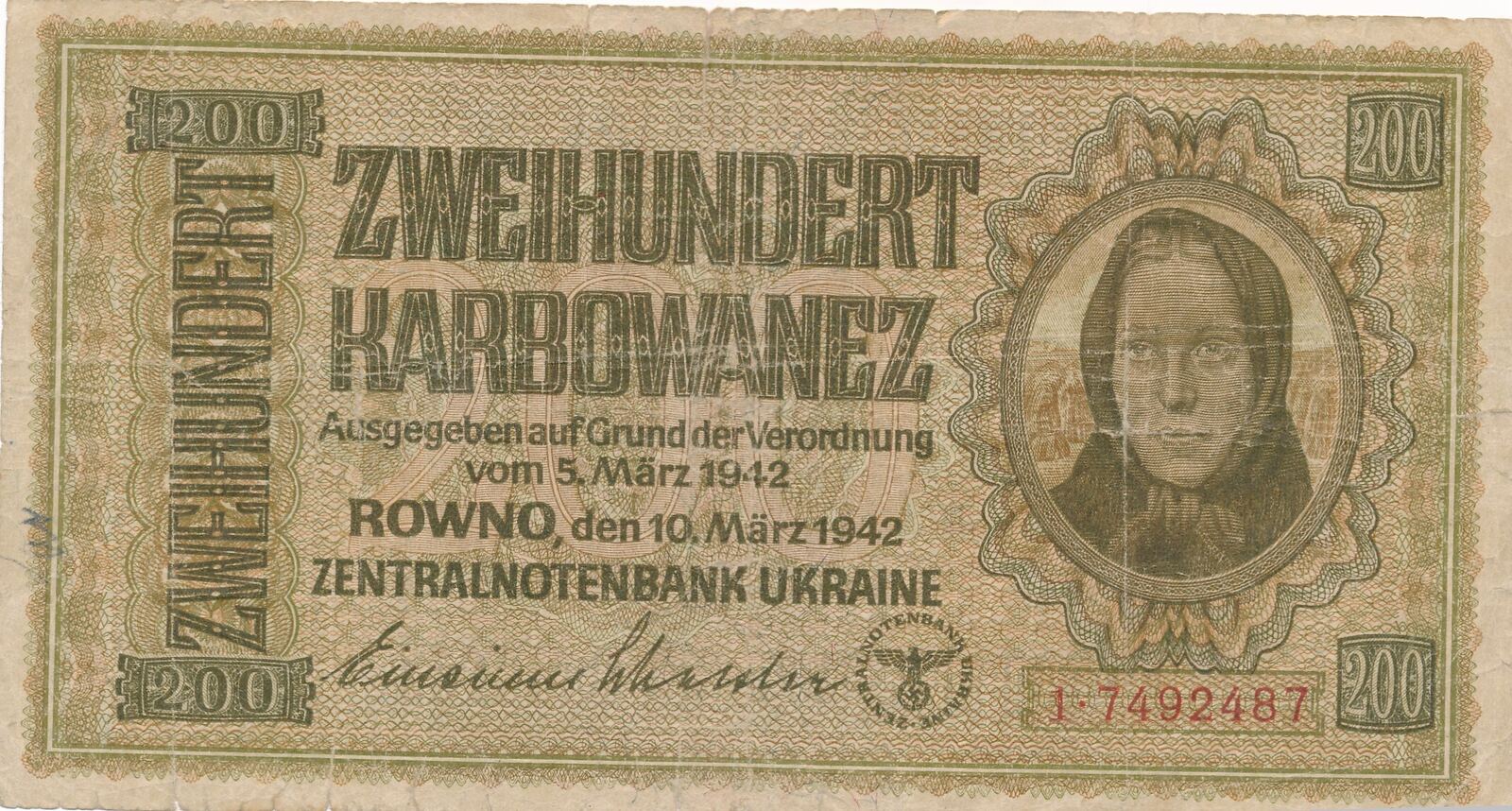 3. Reich, Deutschland Ukraine 200 Karbowanez 1942 Banknote, Besatzung ...
