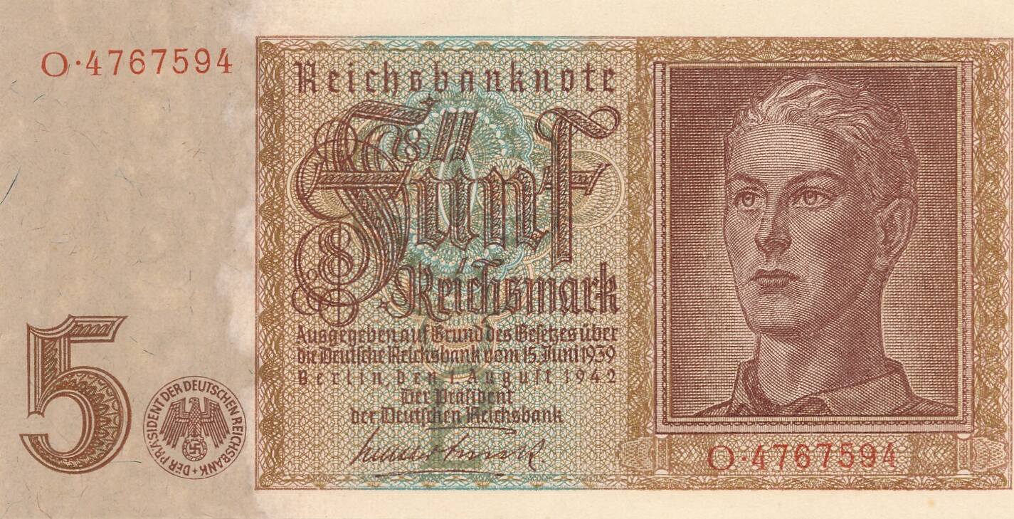 3. Reich, Deutschland 5 Reichsmark 1942 BAnknote, KN 7stellig, Serie: O ...