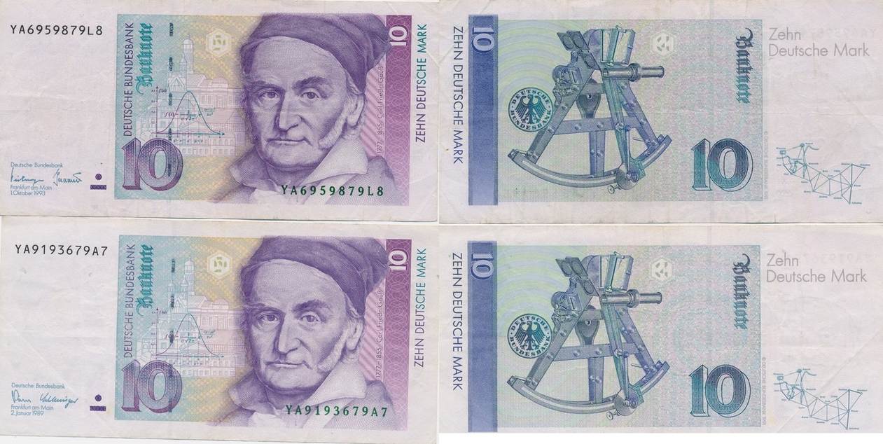 BRD Banknoten 10 Mark 1989 und 1993 Gauß | MA-Shops
