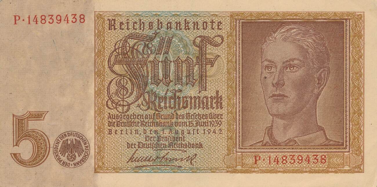 Drittes Reich, Deutschland, Wehrmacht 5 Reichsmark Mark Reichsbanknote ...