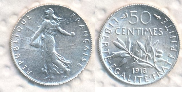 Frankreich 50 Centimes 1913 Semeuse UNC | MA-Shops