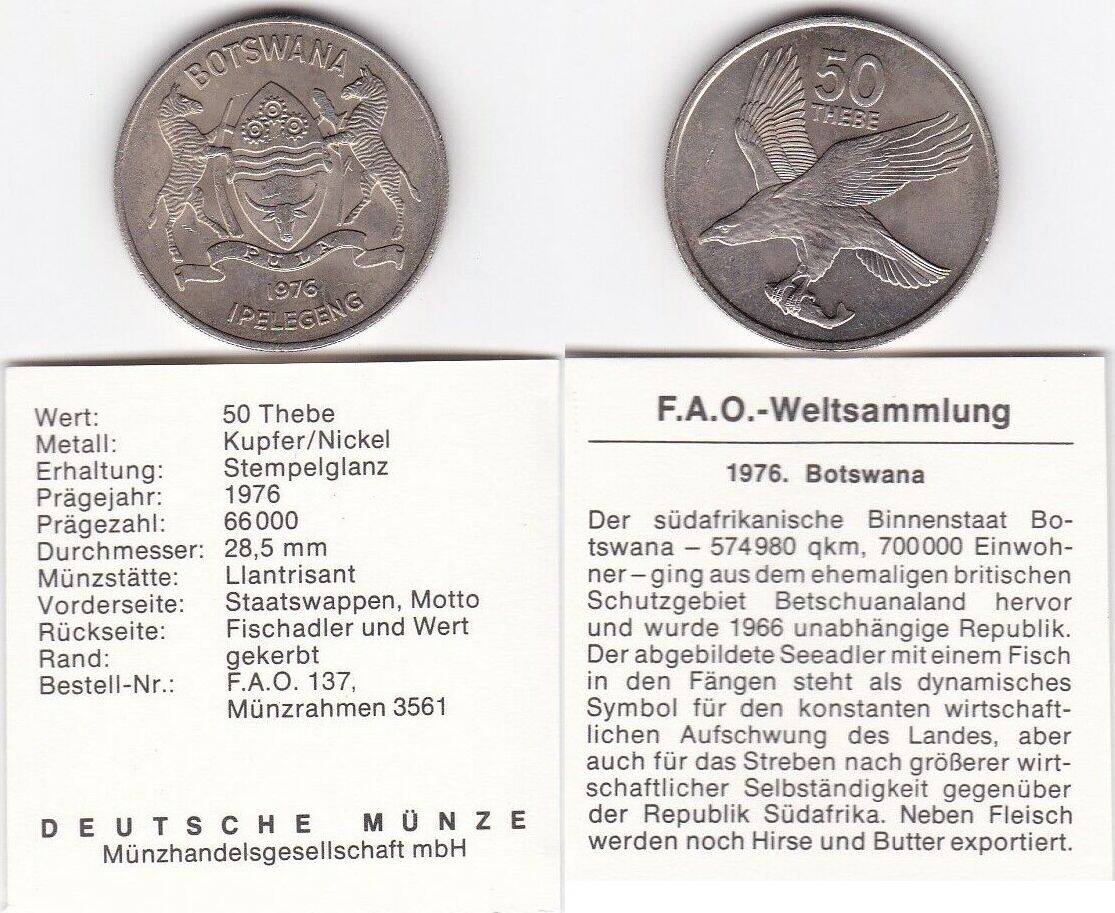 50 Thebe 1976 Münze Botswana Kupfer/Nickel FAO Food for All mit ...