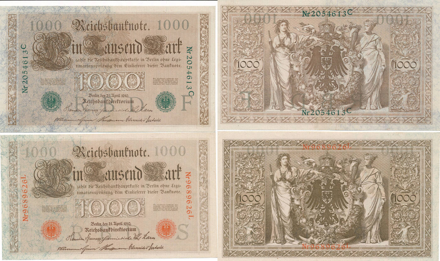 1000 Mark 1910 Deutsches Reich Deutschland 2 x Scheine Geldscheine P 44 ...
