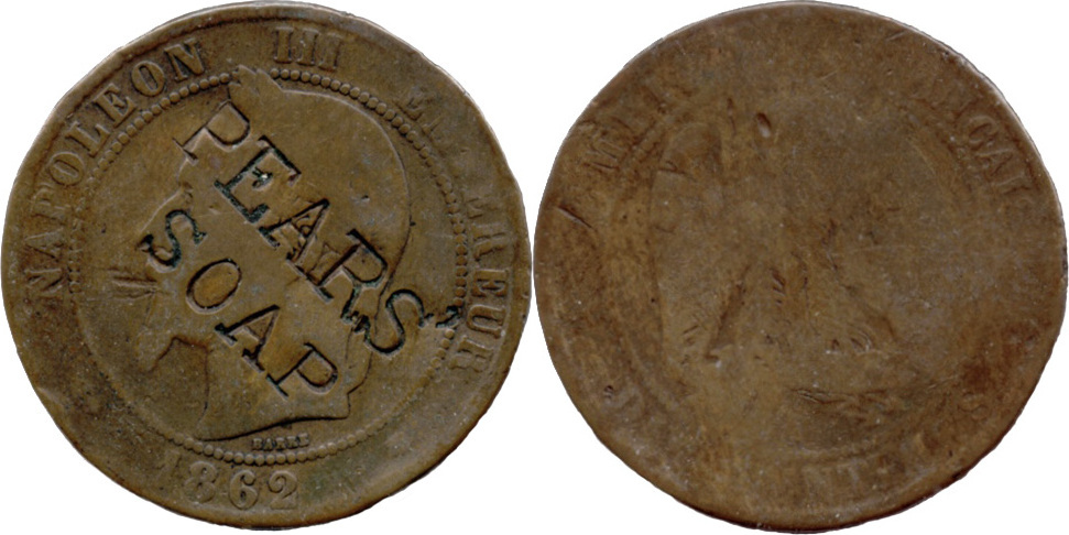 Frankreich, 10 Centimes m. Gravur PEARS’ SOAP 1862, Napoleon III. (1852 ...
