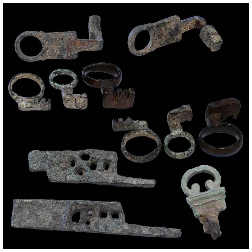 Ancient art Collection of Roman Imperial bronze keys, locks and ring ...