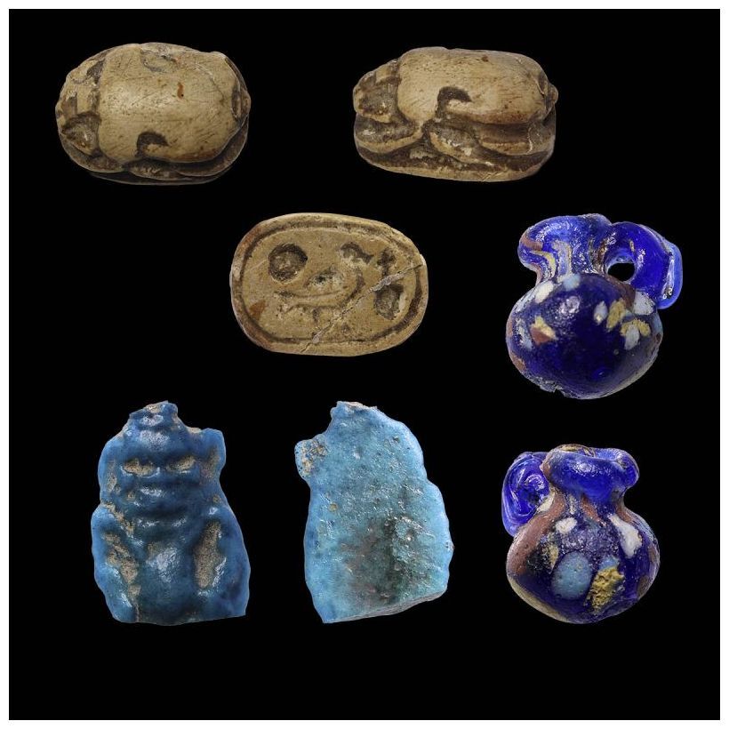 Ancient art Egypt: Steatite scarab seal, a miniature glass vase amulet ...