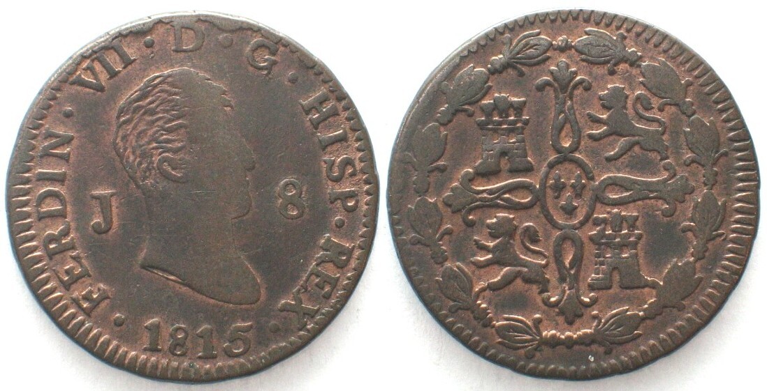 Spanien SPAIN 8 Maravedis 1815 J Jubia mint FERNANDO VII copper XF! EF ...