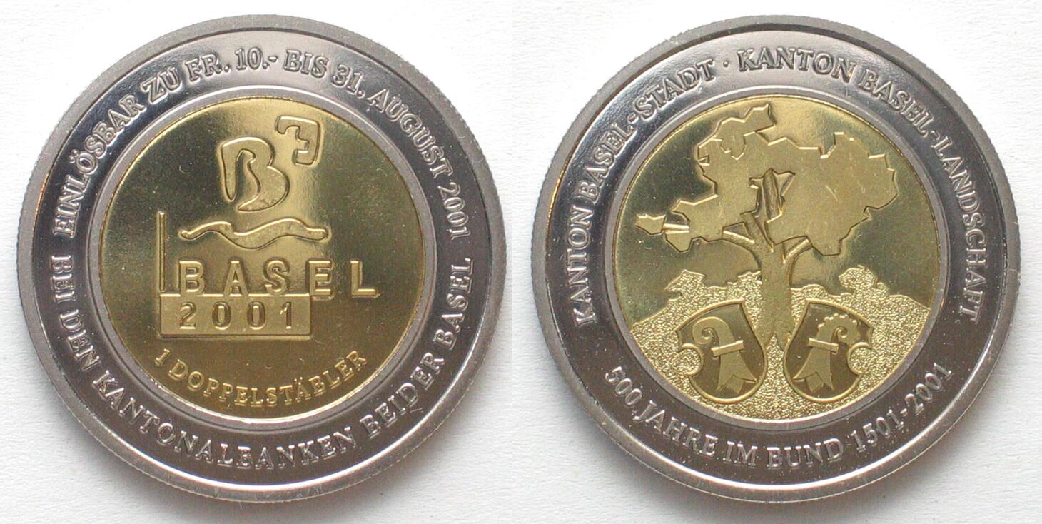 Schweiz - Basel Swiss BASEL 10 Francs (Doppelstabler) 2001 bi-mettalic ...