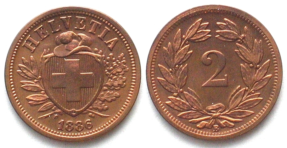 Schweiz SWITZERLAND 2 Rappen 1886 bronze SCARCE! UNC!!! | MA-Shops