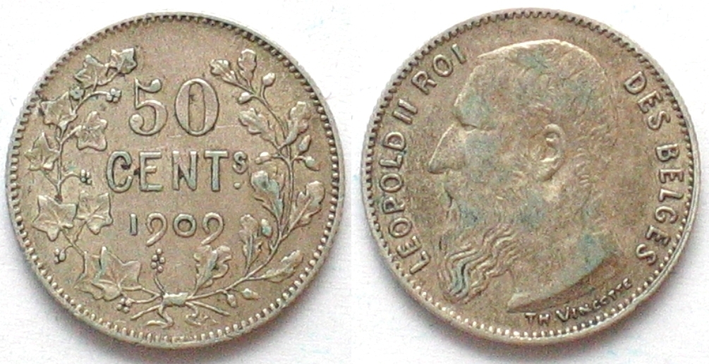 Belgien BELGIUM 50 Centimes 1909 - DES BELGES - LEOPOLD II silver XF! vz | MA-Shops
