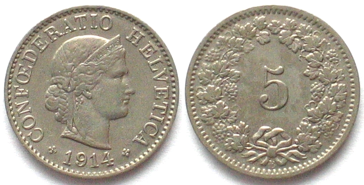 Schweiz SWITZERLAND 5 Rappen 1914 Cu-Ni AU! | MA-Shops