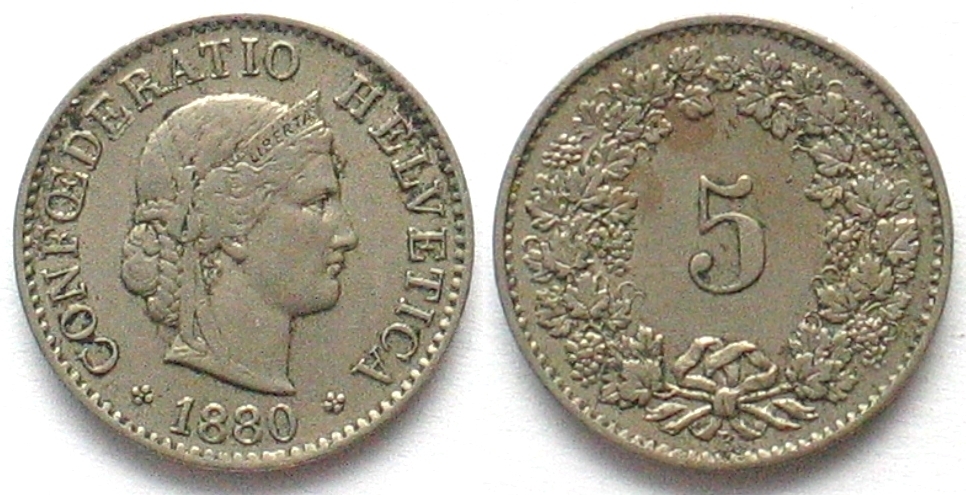 Schweiz SWITZERLAND 5 Rappen 1880 Cu-Ni aXF EF- | MA-Shops
