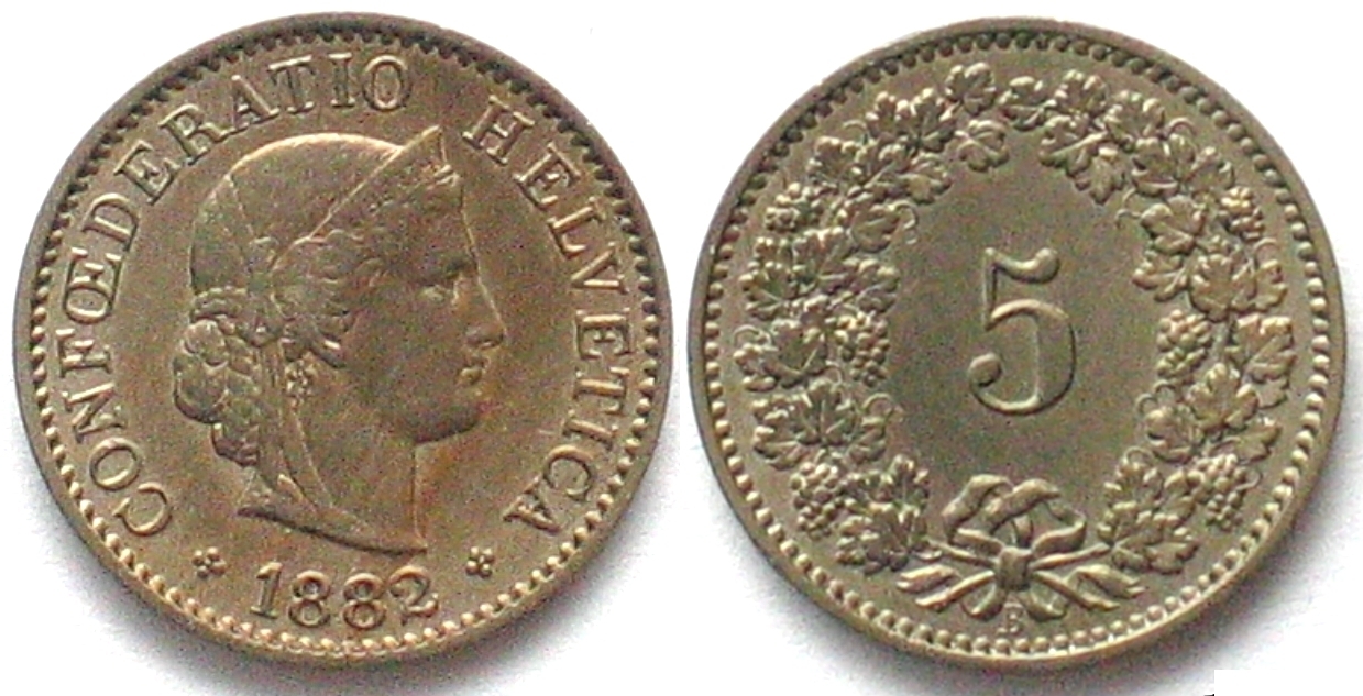 Schweiz SWITZERLAND 5 Rappen 1882 Cu-Ni AU! | MA-Shops