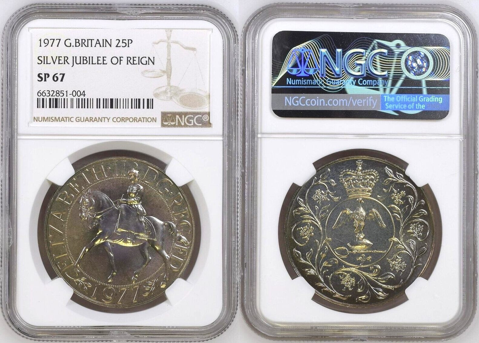G.BRITAIN 25P UK 25 Pence 1977 SILVER JUBILEE ELIZABETH II Cu-Ni NGC SP ...
