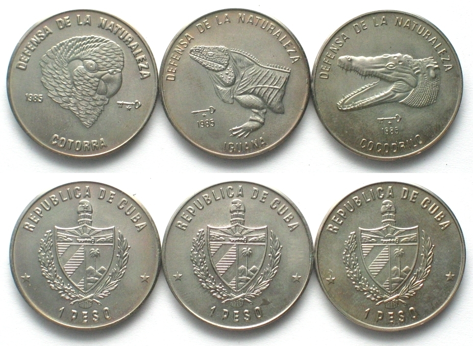 Kuba CUBA Set 3 x 1 Peso 1985 Crocodile, Parrot, Iguana, WILDLIFE ...