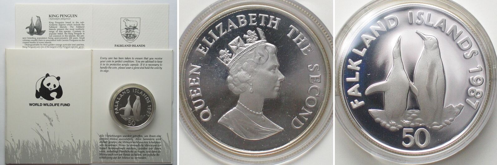 Falkland-Inseln FALKLAND ISLANDS 50 Pence 1987 King penguins WWF silver ...