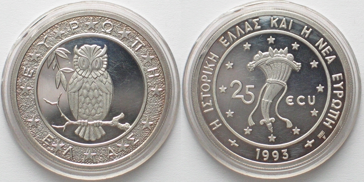 Griechenland 1993 GREECE 25 Ecu 1995 OWL silver Proof SCARCE! | MA-Shops