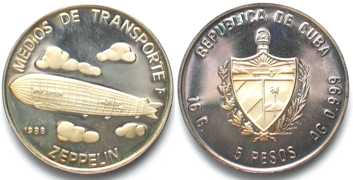 Kuba CUBA 5 Pesos 1988 Zeppelin TRANSPORTATION silver Proof RARE! | MA ...
