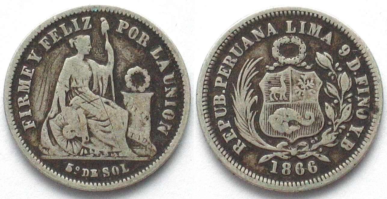 PERU 1/5 Sol 1866 YB silver VF | MA-Shops