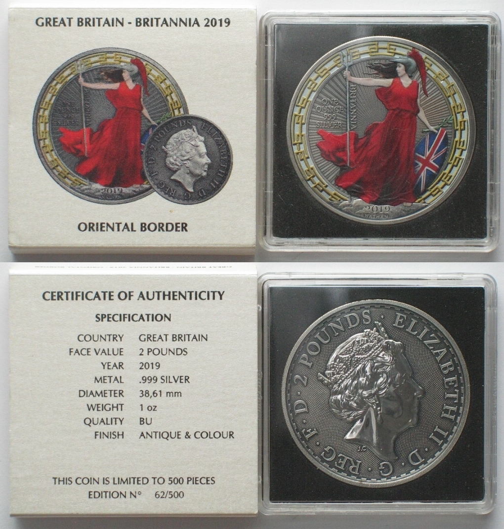 England BRITANNIA 2 Pounds 2019 Oriental Border 1 oz silver ANTIQUE ...
