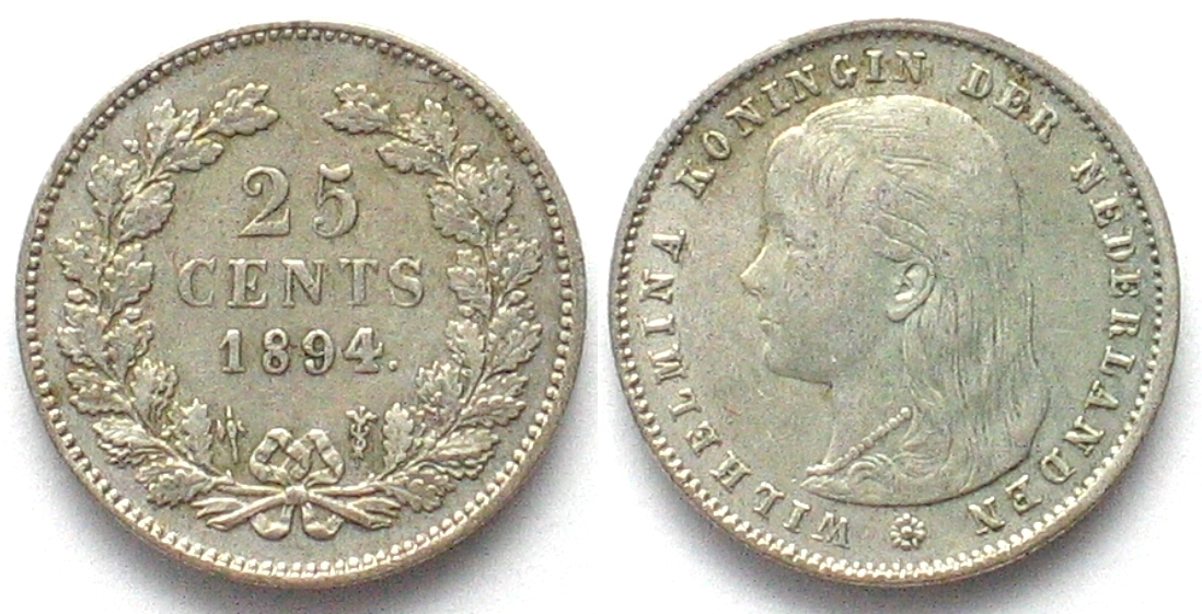 Niederlande NETHERLANDS 25 Cents 1894 WILHELMINA silver XF! EF | MA-Shops
