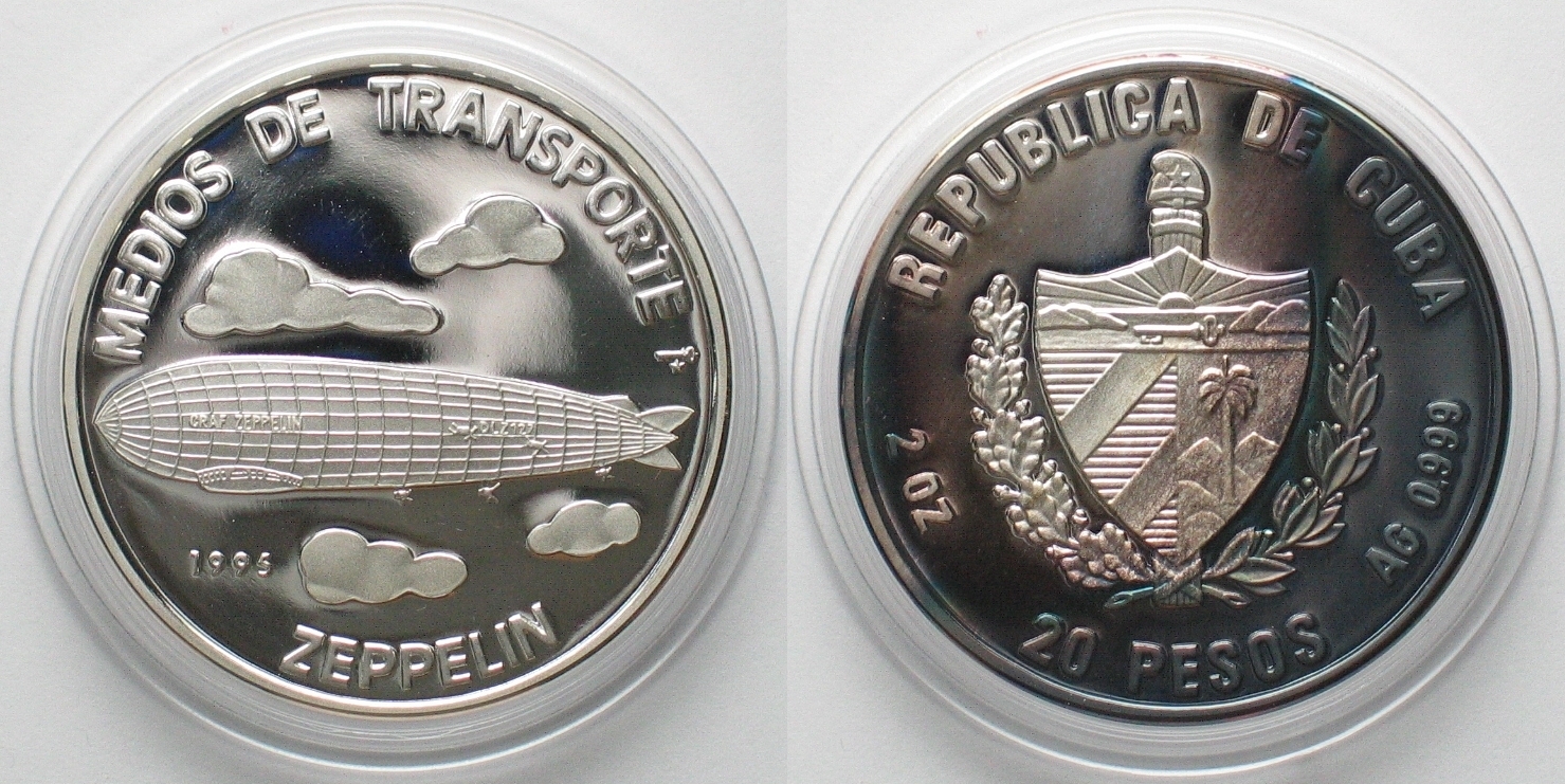 Kuba CUBA 20 Pesos 1995 Zeppelin TRANSPORTATION silver 2 oz RARE! Proof ...