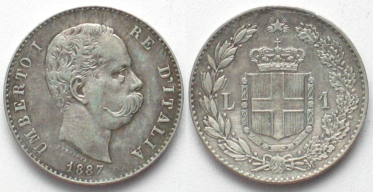 Italien ITALY. 1 Lira 1887 M, UMBERTO I, silver, AU! | MA-Shops