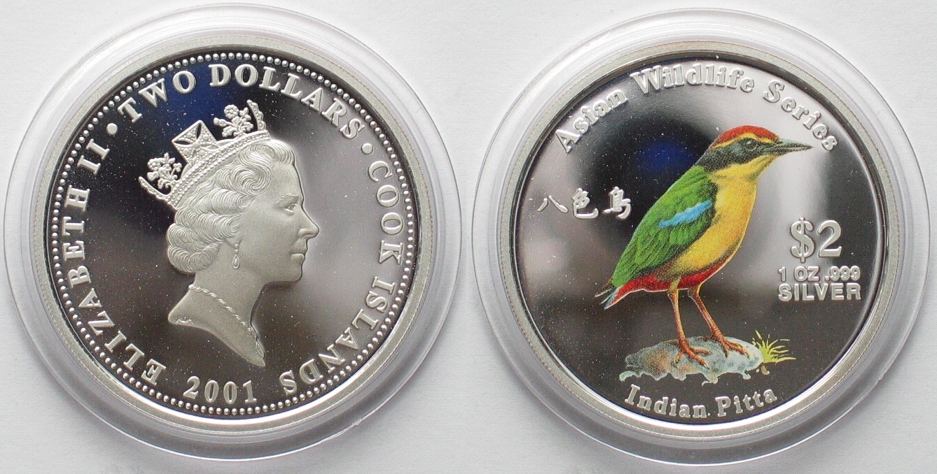Cook-Inseln COOK ISLANDS 2 Dollars 2001 INDIAN PITTA silver, colored ...