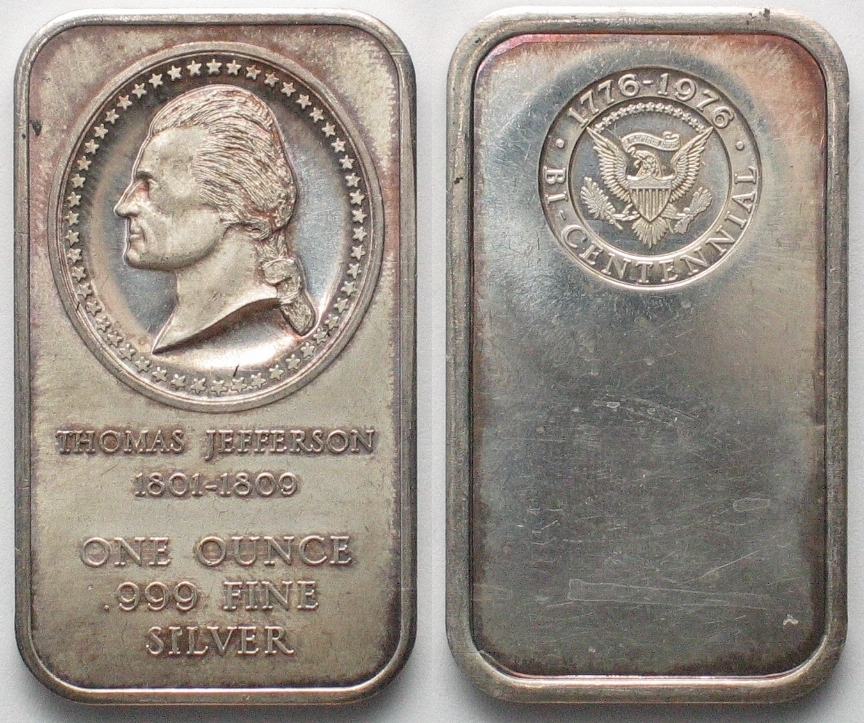 Ingots / Barren USA. 1976 US BICENTENNIAL. THOMAS JEFFERSON 1 Ounce ...